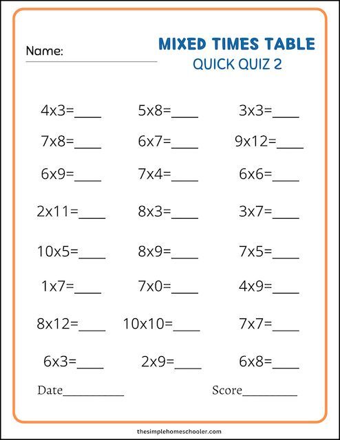 Times Tables Test Worksheet Mixed